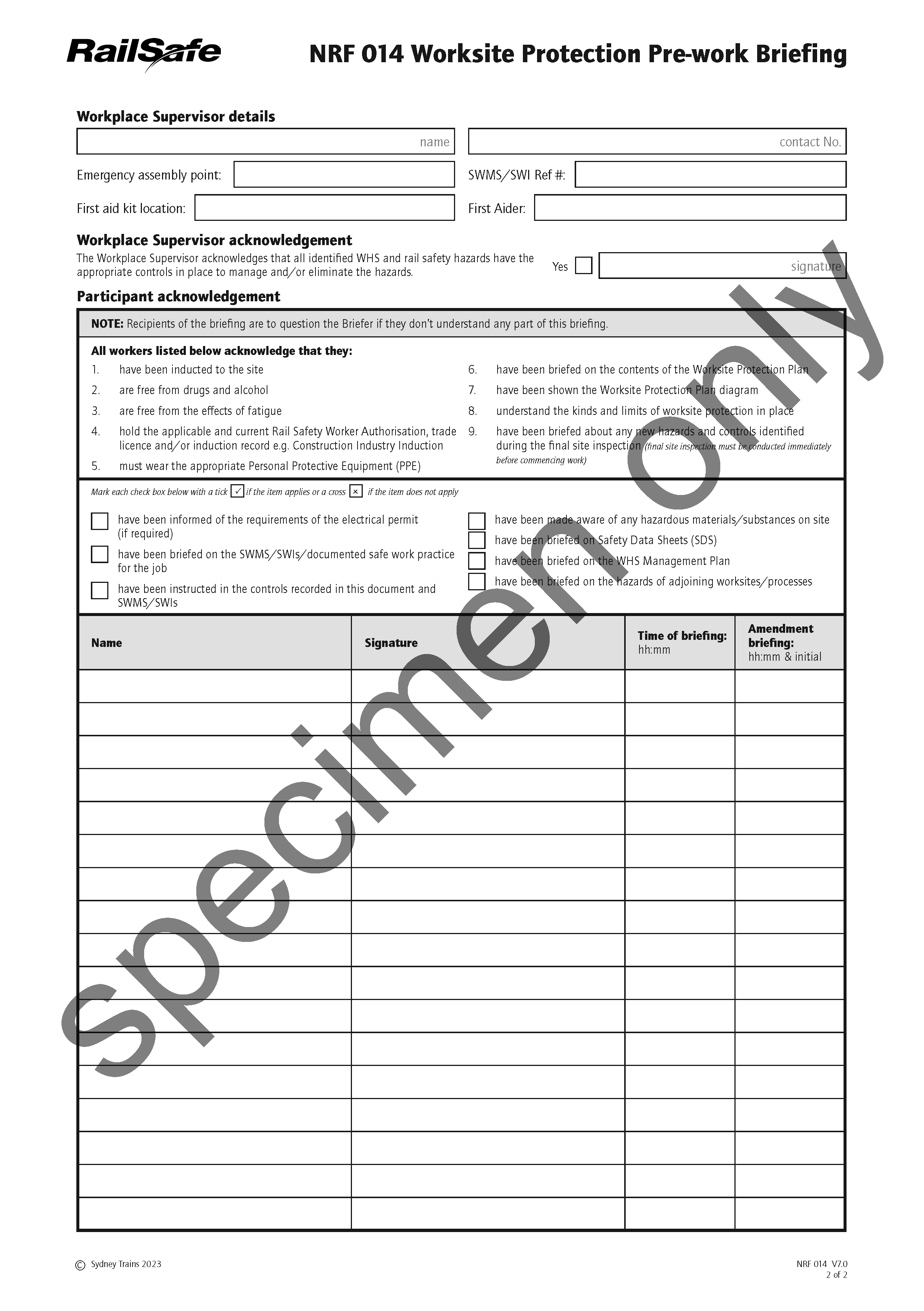 NPR 014 Using a Worksite Protection Pre-work Briefing Form | RailSafe